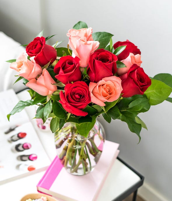One Dozen Red & Pink Long Stem Roses with a Clear Glass Vase at From ...