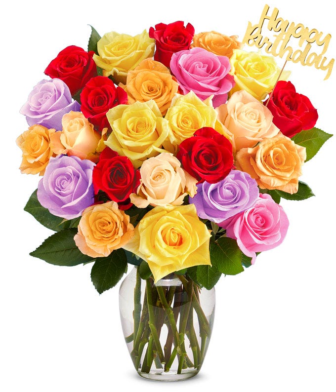 Two Dozen Rainbow Roses with Birthday Pick at From You Flowers