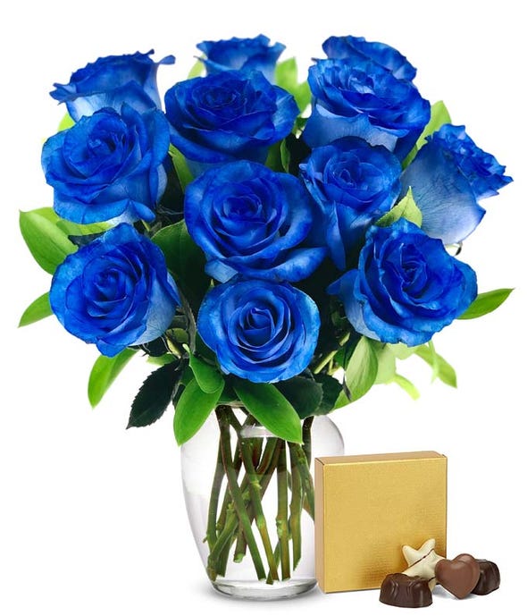 One Dozen Blue Roses with Chocolates at From You Flowers