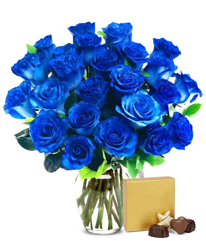 Two Dozen Blue Roses with Chocolates at From You Flowers