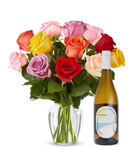 One Dozen Rainbow Roses with White Wine at From You Flowers
