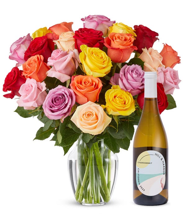 Two Dozen Rainbow Roses with White Wine at From You Flowers