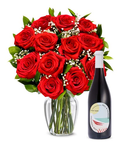 One Dozen Red Roses with Red Wine at From You Flowers