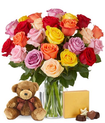 Two Dozen Mixed Valentine's Day Roses with Chocolates and a Bear at ...