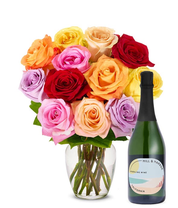 One Dozen Rainbow Roses with Sparkling Wine at From You Flowers
