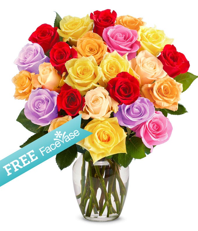 Two Dozen Rainbow Roses with Free Facevase at From You Flowers